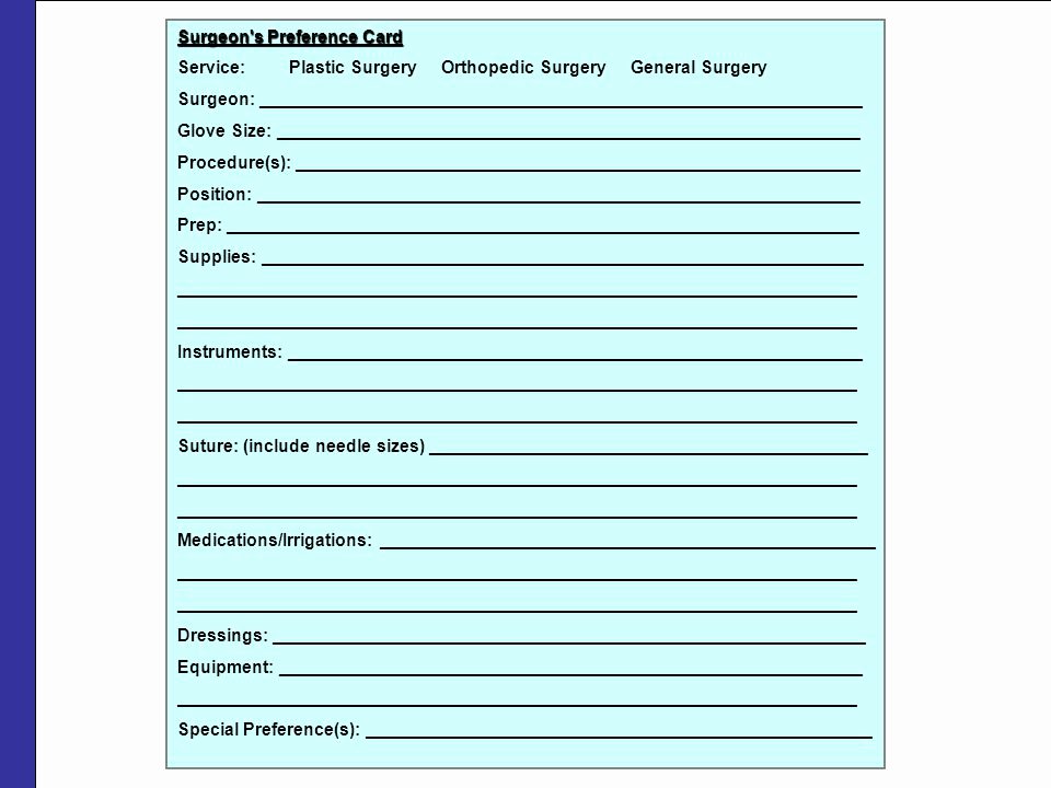Surgeon Preference Card Template