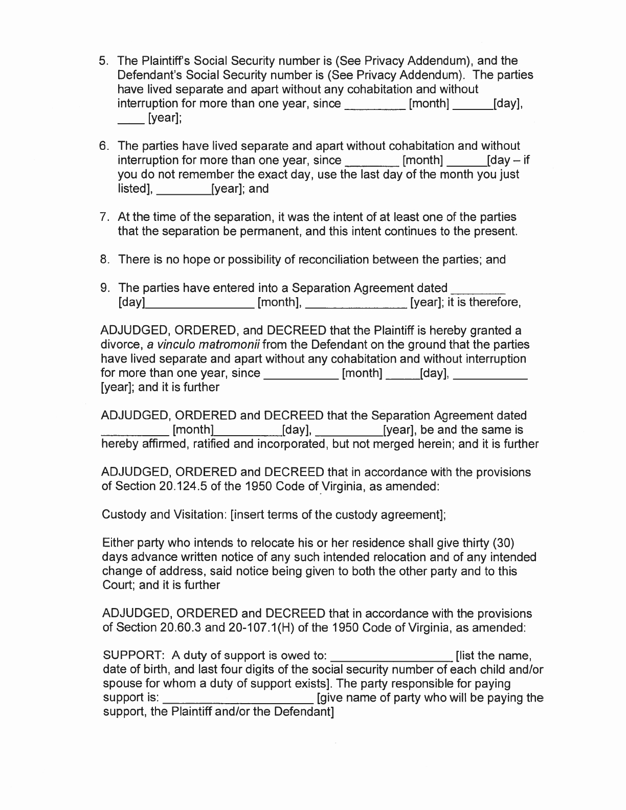 Virginia Separation Agreement Template