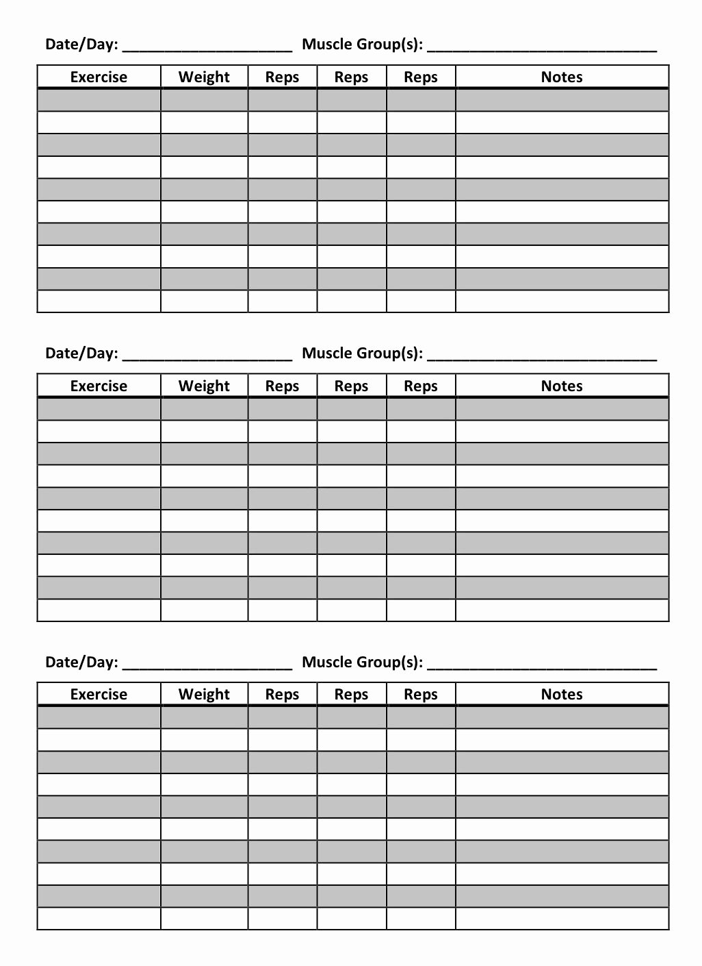 Weight Lifting Tracking Sheet